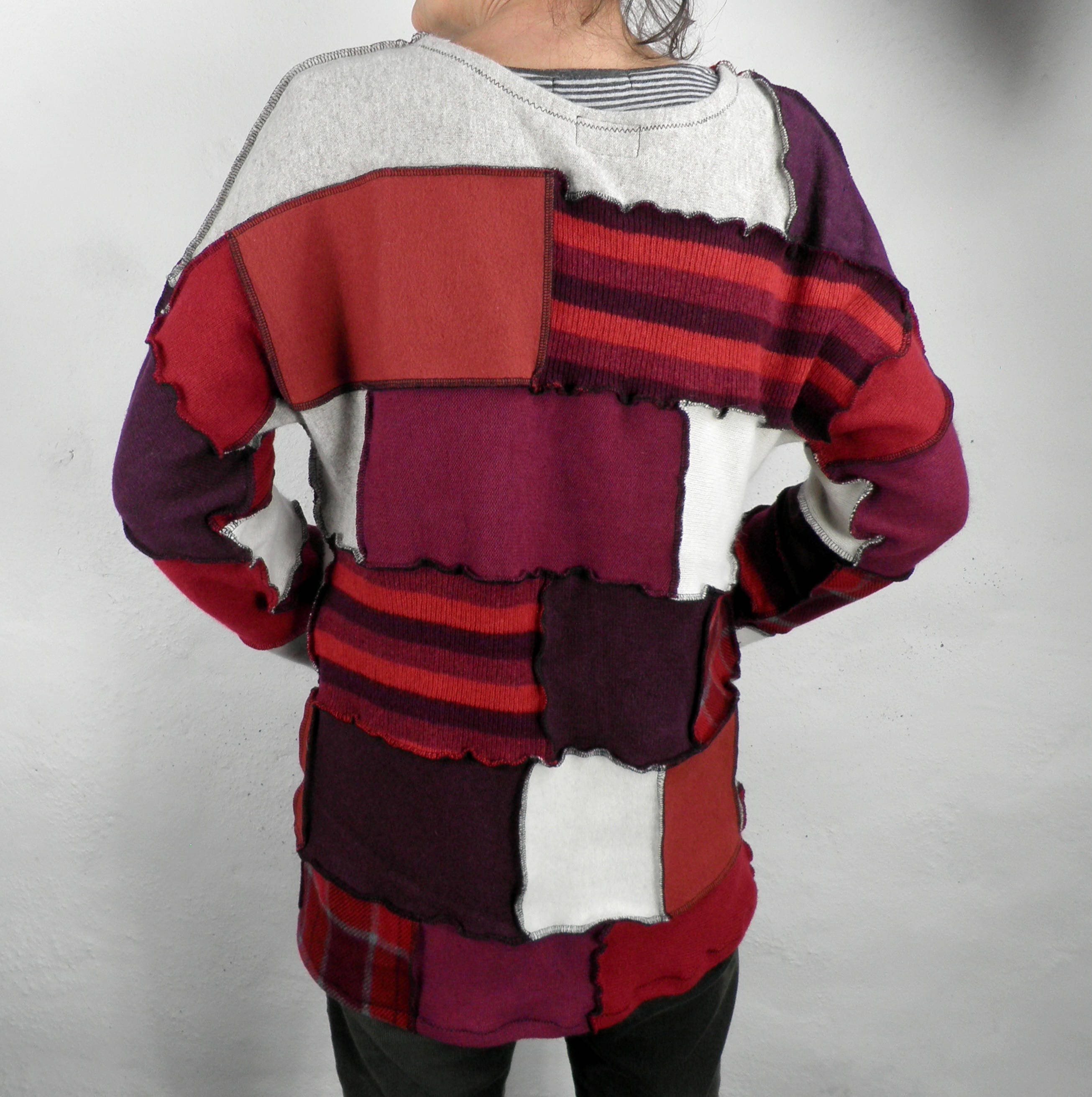 Patchwork Wool Jumper / Sweater in Red Purple Tan and Cream by | Etsy