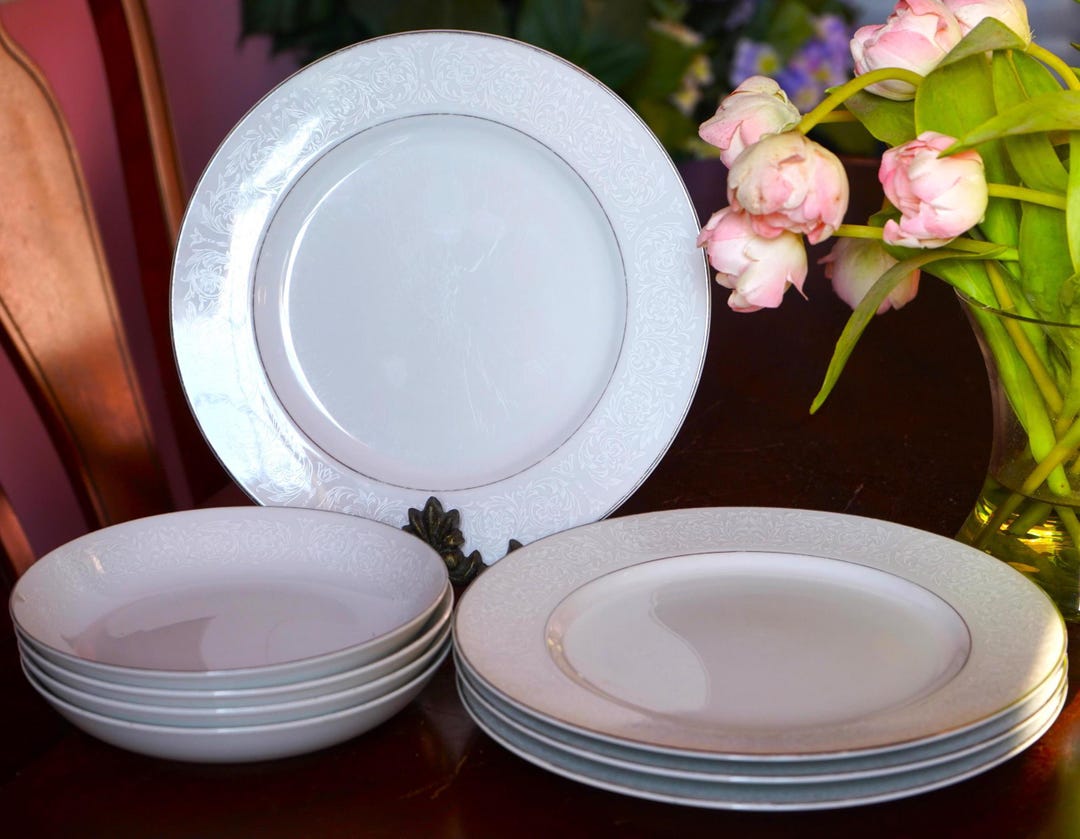 Vintage Carlton Dinner & Salad Plates 4 Person Set, White Scroll ...