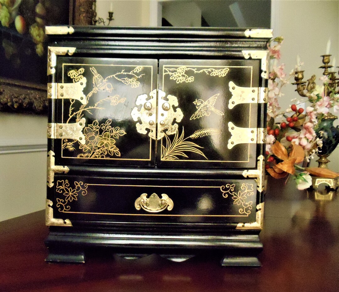 Vintage Japanese Black Lacquer Jewelry Box, Huge Gold Painted Birds ...