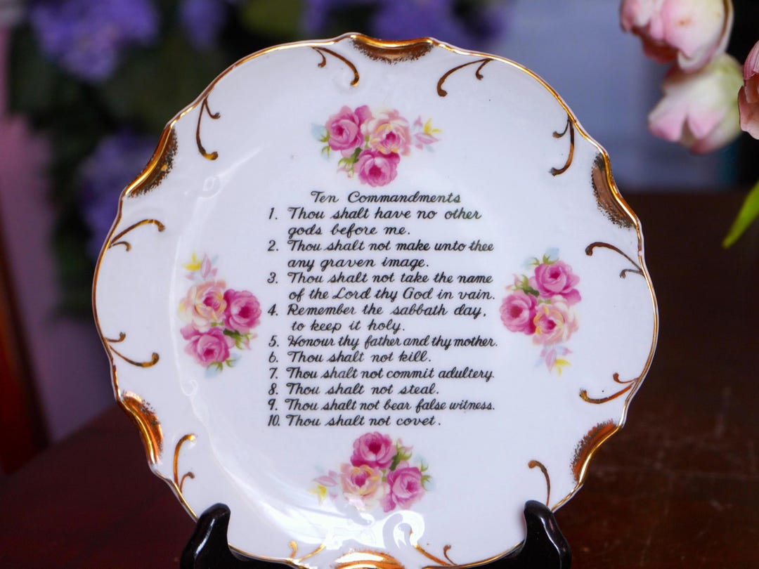 Ten Commandments Plate, Vintage Mid Century 18K Gold Trim Pink Roses ...