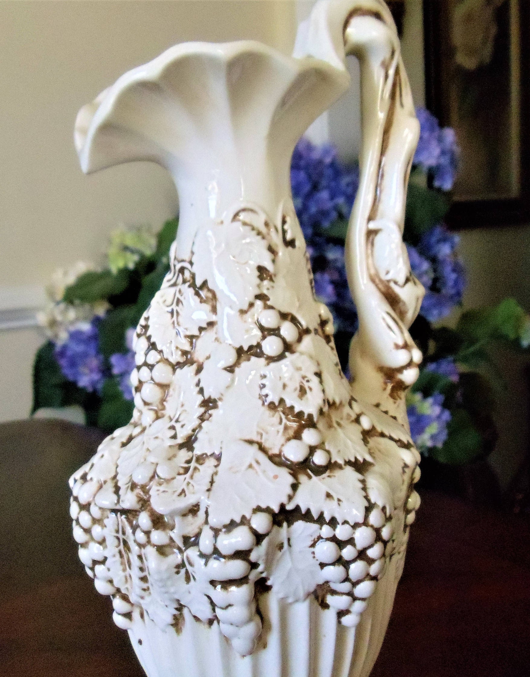 White Pitcher Ewer Vase, Vintage Collectible Bisque Porcelain Raised ...
