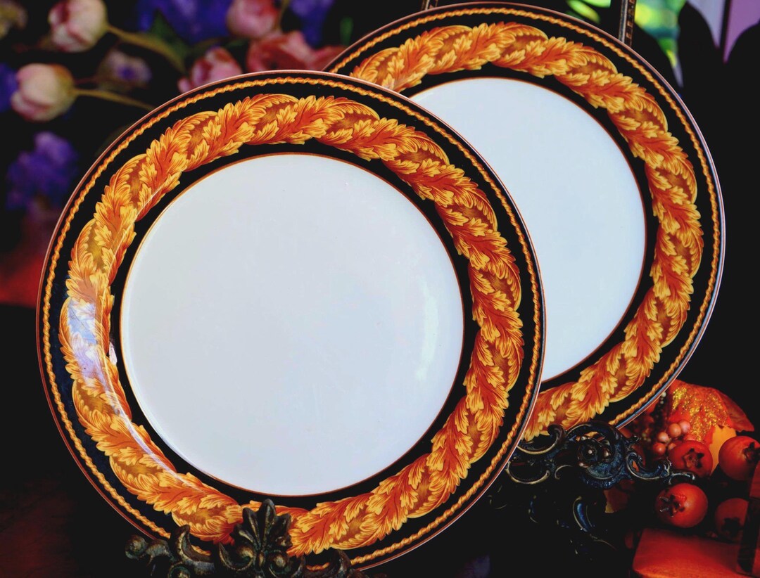 Vintage Victoria & Beale Fall Dinner Plates, Black Floral Rim (set of 2 ...