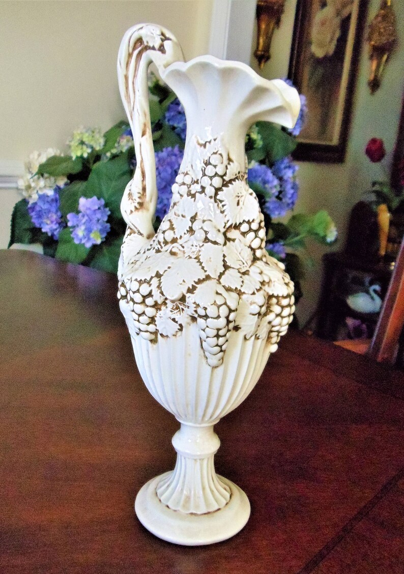 White Pitcher Ewer Vase, Vintage Collectible Bisque Porcelain Raised ...
