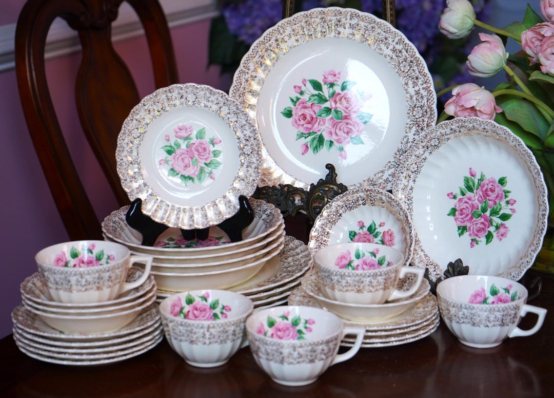 Vintage Sebring China Dinnerware Set: 22K Gold Filigree Pink Roses, 30 ...
