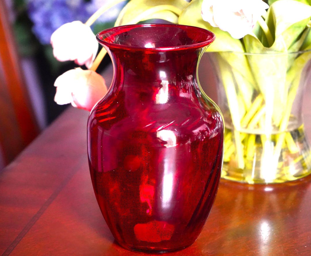 Ruby Red Glass Vase, Vintage Mid Century Indiana Glass Made in USA ...