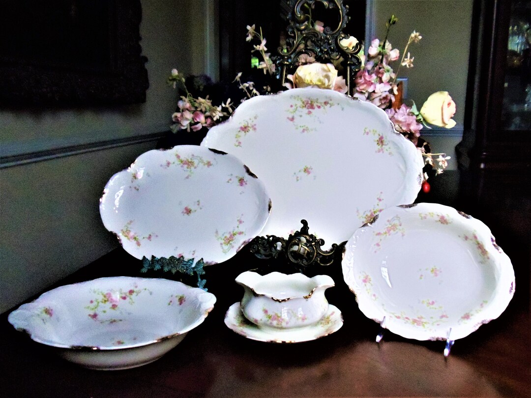 Antique Warwick China Serving Set: Old Abbey Pink Roses, Gold Daubs, 5 ...