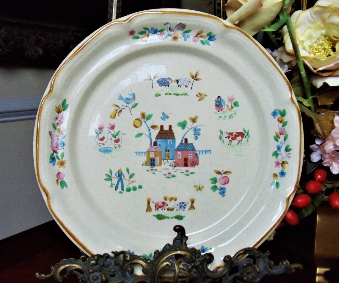 Vintage Stoneware Dinner Plates (set of 4): Heartland Farm Scene Decor ...