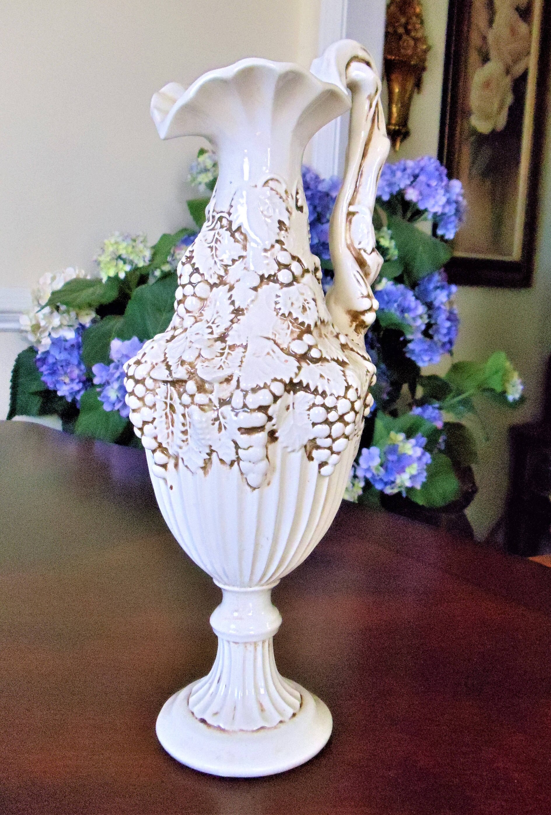 White Pitcher Ewer Vase, Vintage Collectible Bisque Porcelain Raised ...