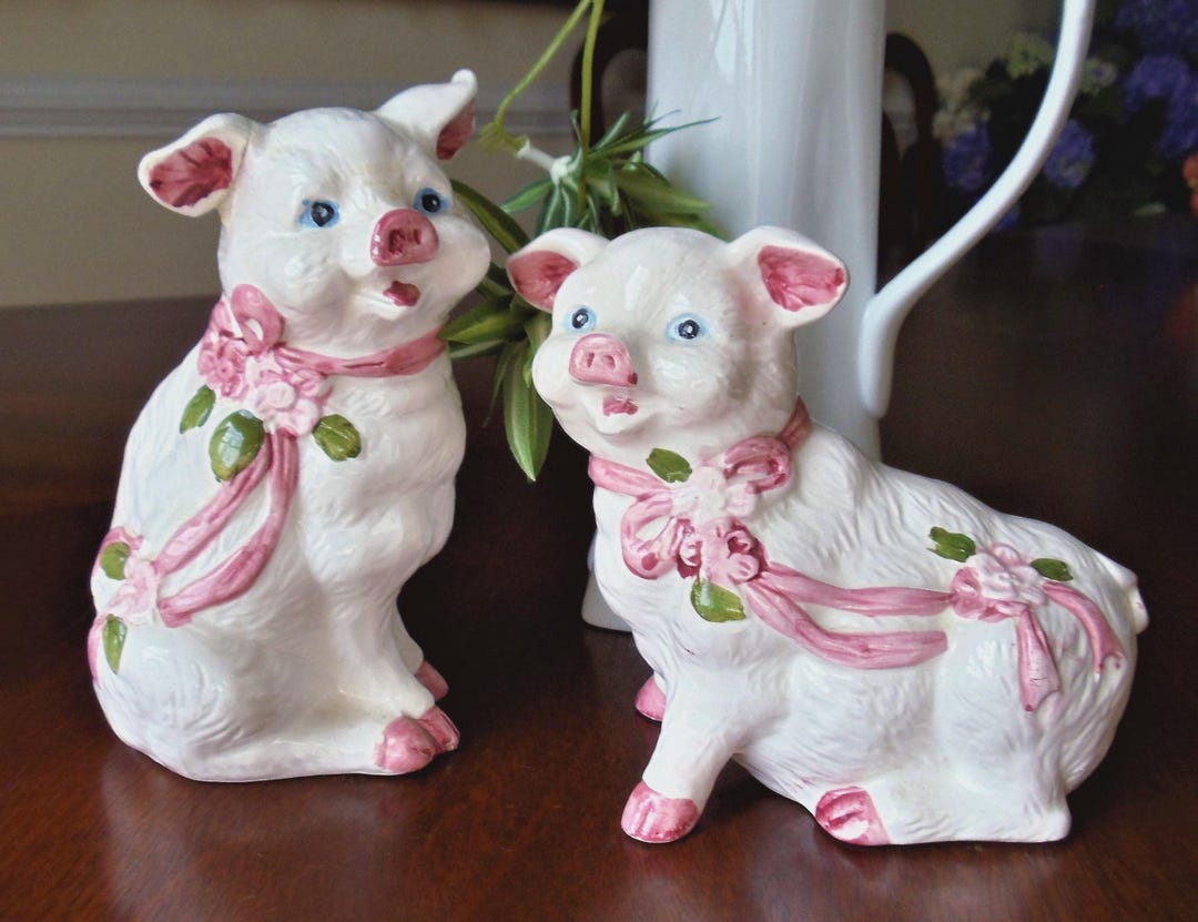 Vintage Ceramic Pig Figurines, Hand-painted Floral Ribbon Decor - Etsy