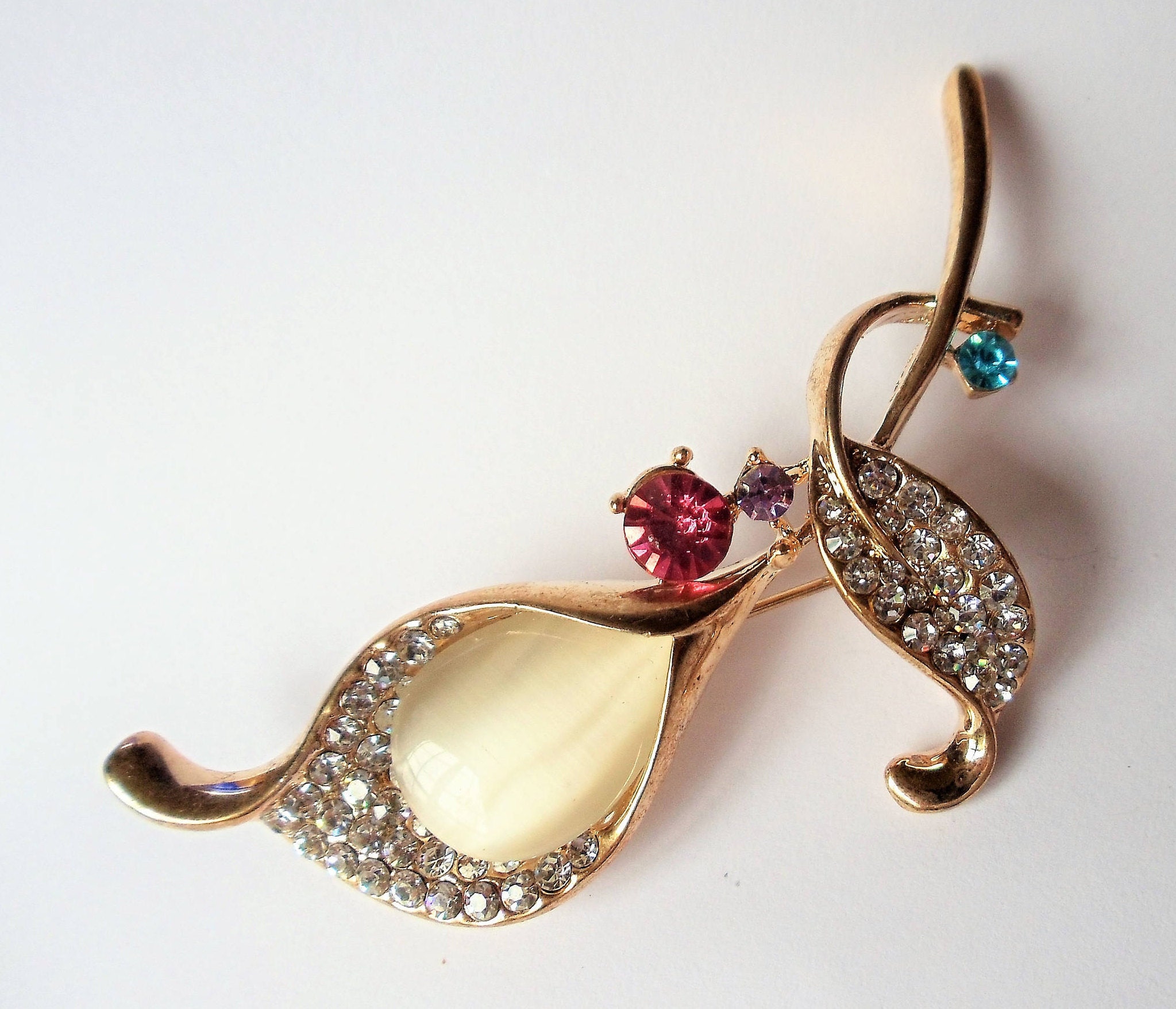 Vintage Exotic Flower Rhinestone Pin Brooch Pink Blue & Clear | Etsy