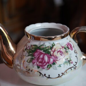 Teapot Flower Vase, Vintage Pearlized Porcelain Pink Yellow Roses ...