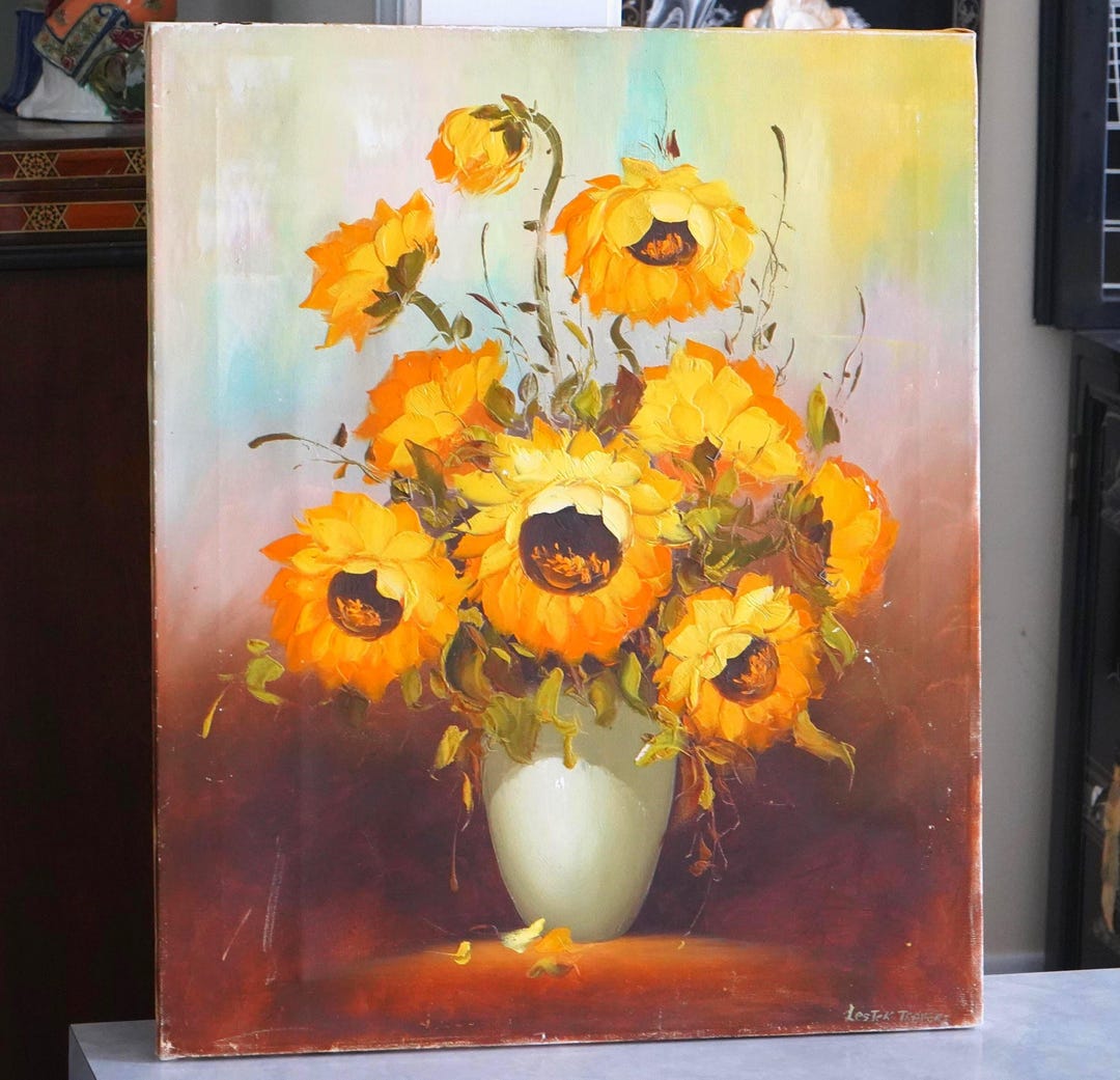 Vintage Sunflower Oil Painting by Lester Travers: Floral Still Life Art ...