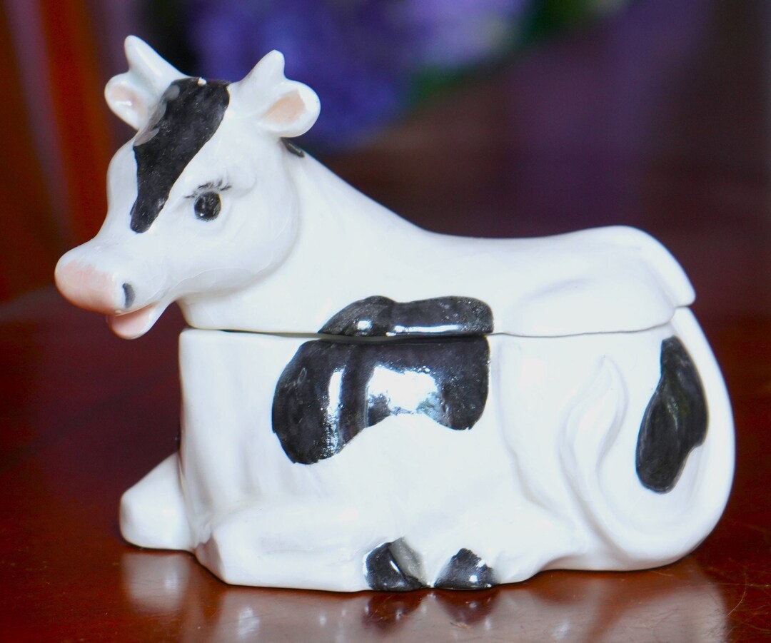 Vintage Holstein Cow Trinket Box: Hand-painted Glazed Ceramic Keepsake ...
