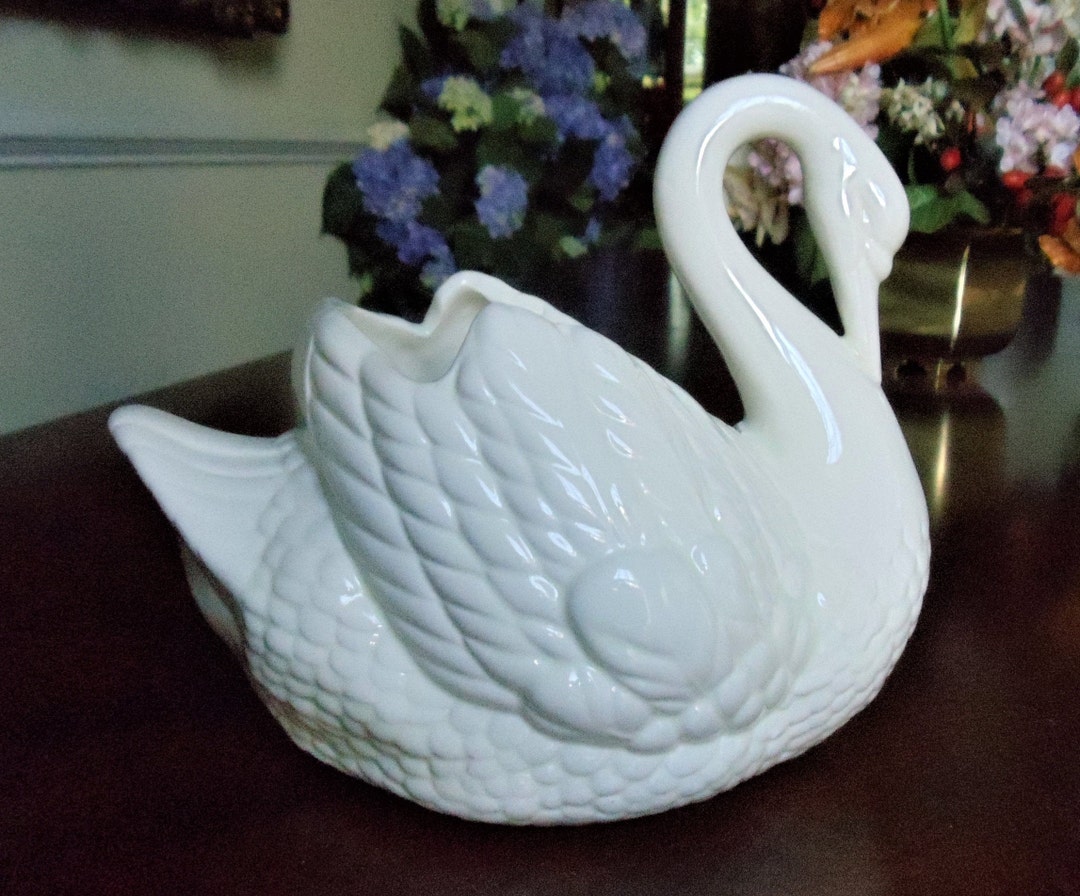 Vintage White Ceramic Swan Planter: Collectible Bird Figurine, 1970s ...