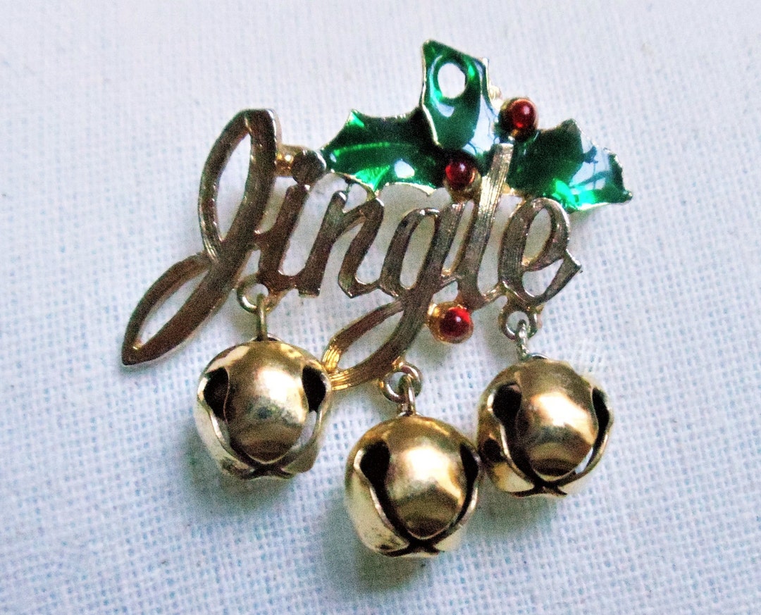 Christmas Jingle Bells Pin, Vintage Script "jingle" With 3 Dangle ...