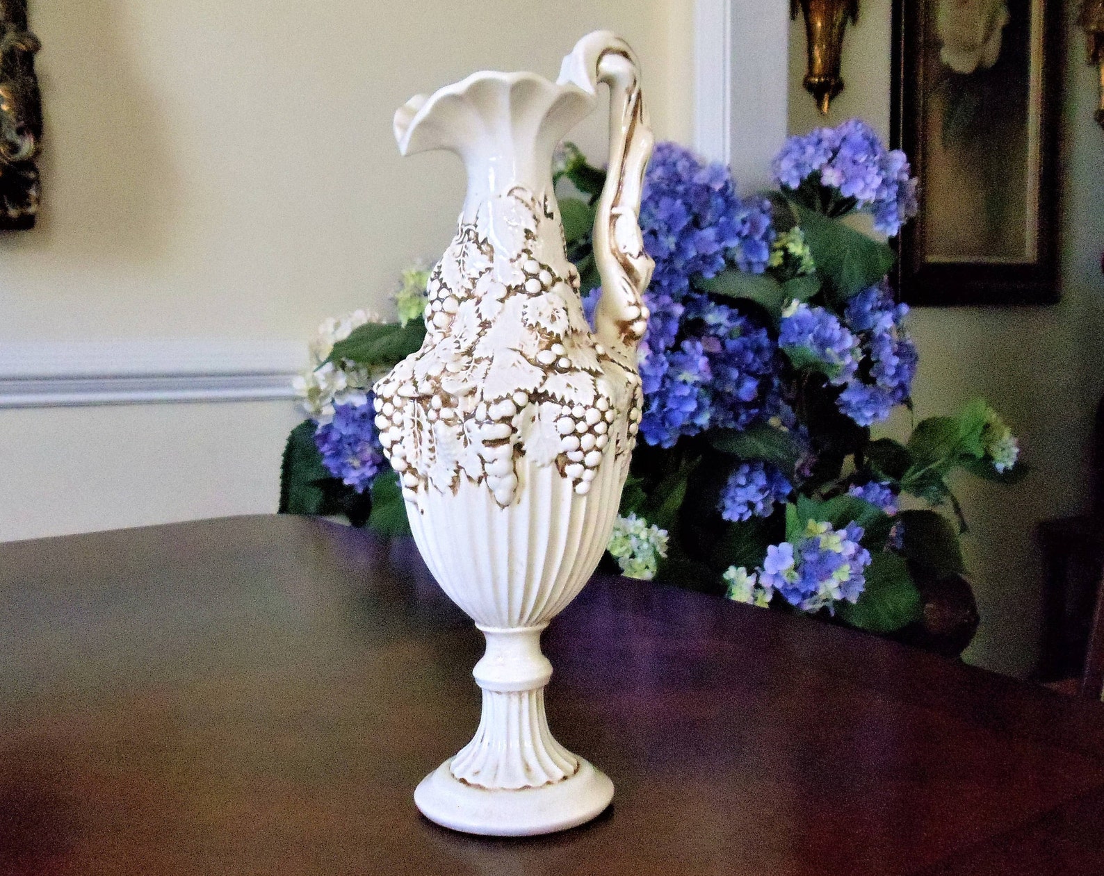 White Pitcher Ewer Vase, Vintage Collectible Bisque Porcelain Raised ...