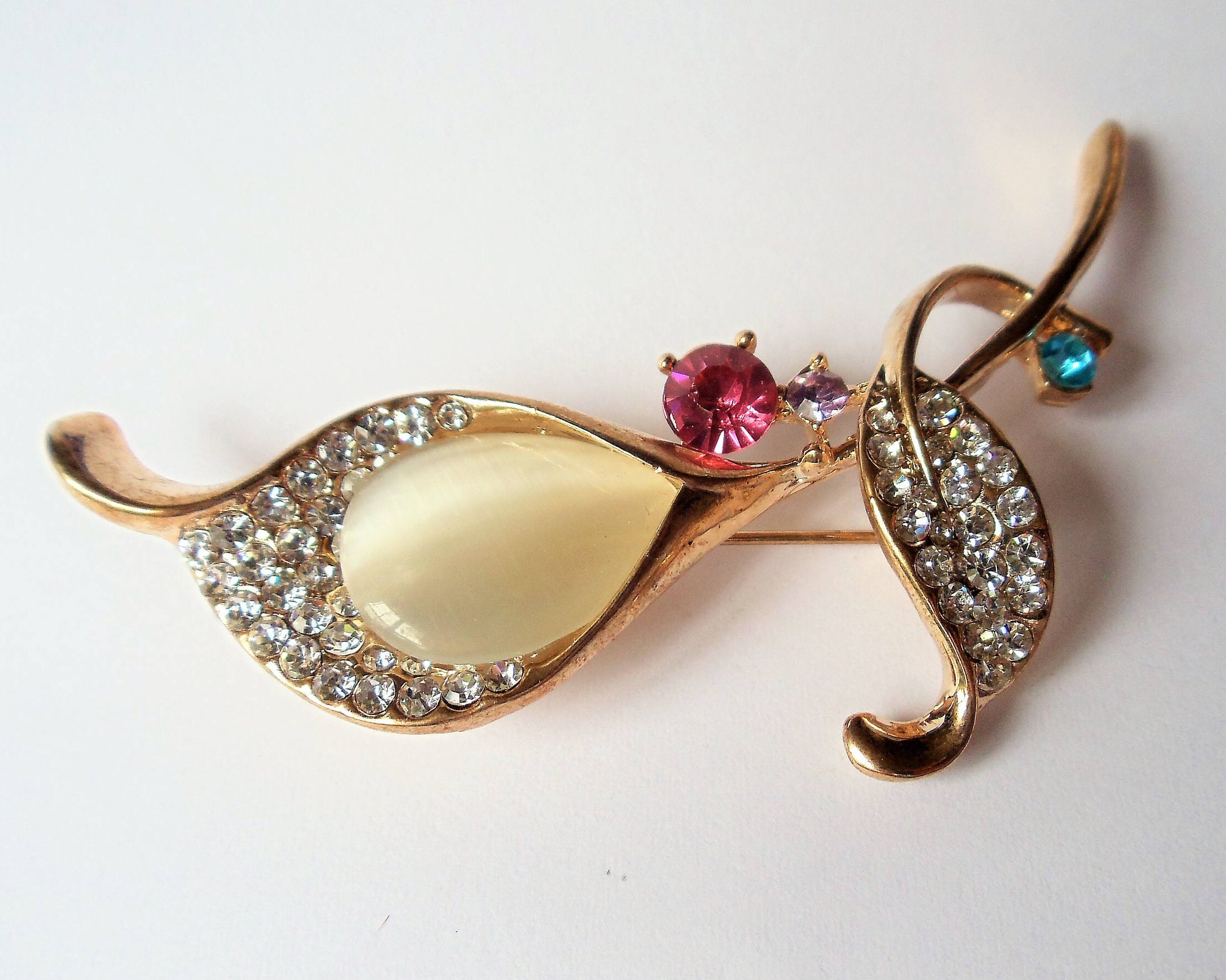 Vintage Exotic Flower Rhinestone Pin Brooch Pink Blue & Clear | Etsy