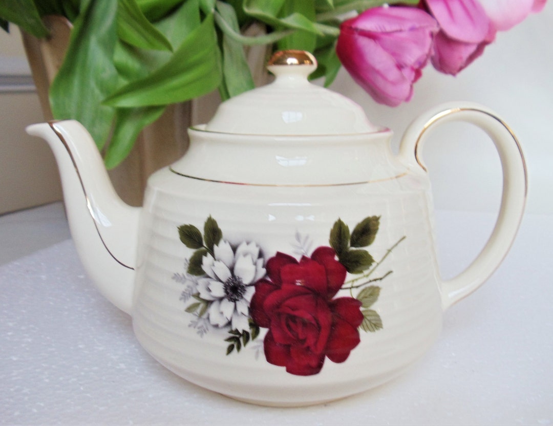Sadler England Teapot, Vintage Mid Century Porcelain Red Rose White ...