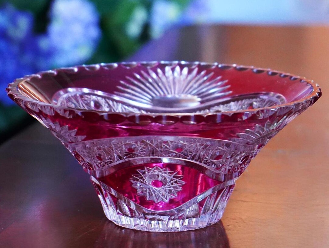 Vintage Cranberry Cut Crystal Vase: American Brilliant Glass Trombone ...