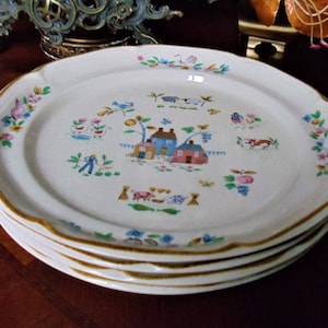 Vintage Stoneware Dinner Plates (set of 4): Heartland Farm Scene Decor ...