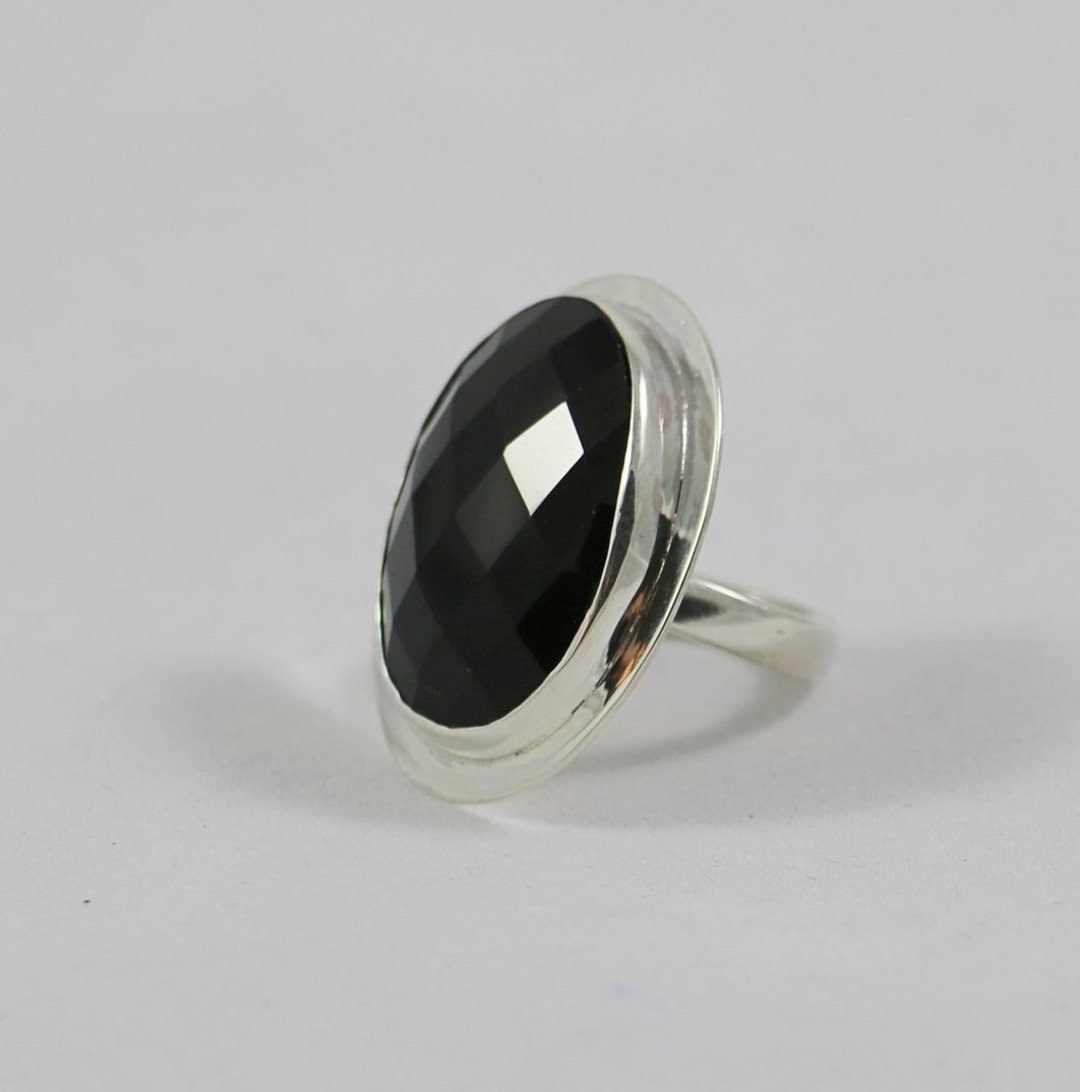 Black Onyx Faceted Oval Sterling Silver 925 Adjustable Size Ring - Etsy