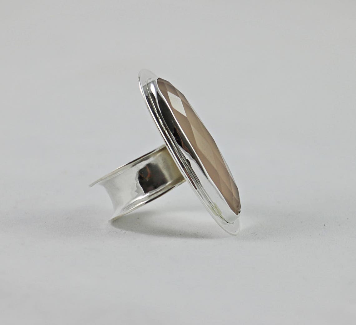Peach Chalcedony Faceted Oval Sterling Silver Concave Ring Size 8.25 - Etsy