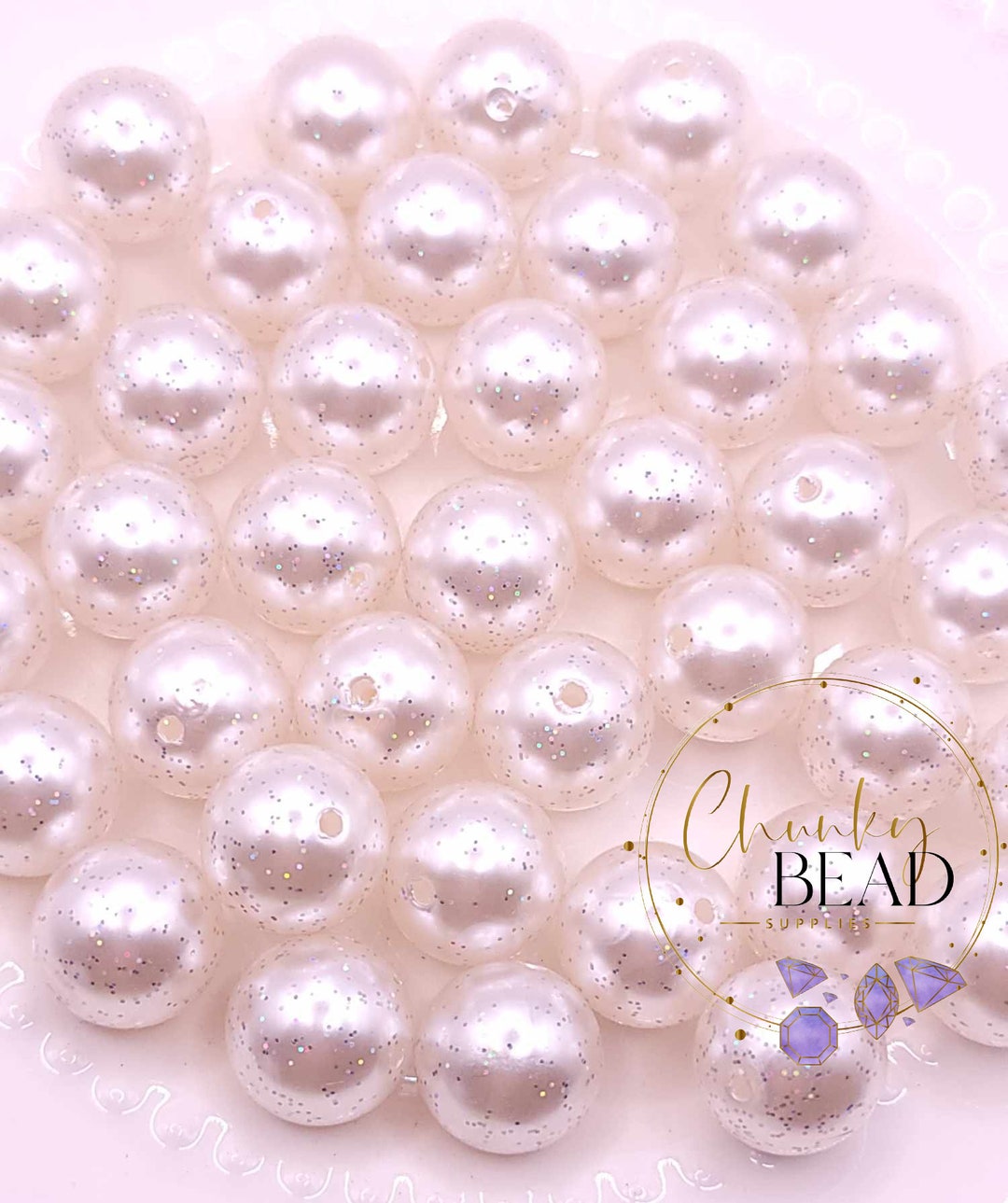 20mm ivory Glitter Pearl Acrylic Beads, Chunky Bead Supplies, CBS ...