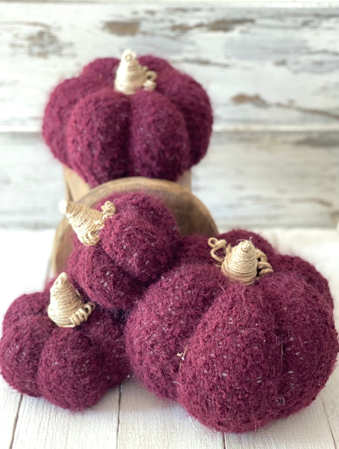 Burgundy Fuzzy Sweater Pumpkins, Set of 4, Fabric Pumpkins, Fall Decor ...