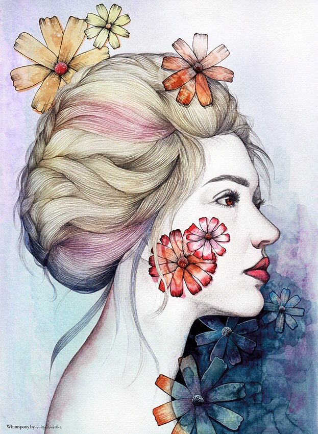 Original / Digital Custom Woman Portrait With Flowers Pencil Drawing ...