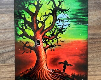 Jack of the Woods Handmade Linocut Print With Halloween Tree, Pumpkins ...