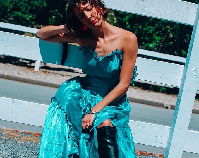 Vintage 80s Taffeta Teal Prom Dress With Tulle & Ruffled Tiers; Jewel ...
