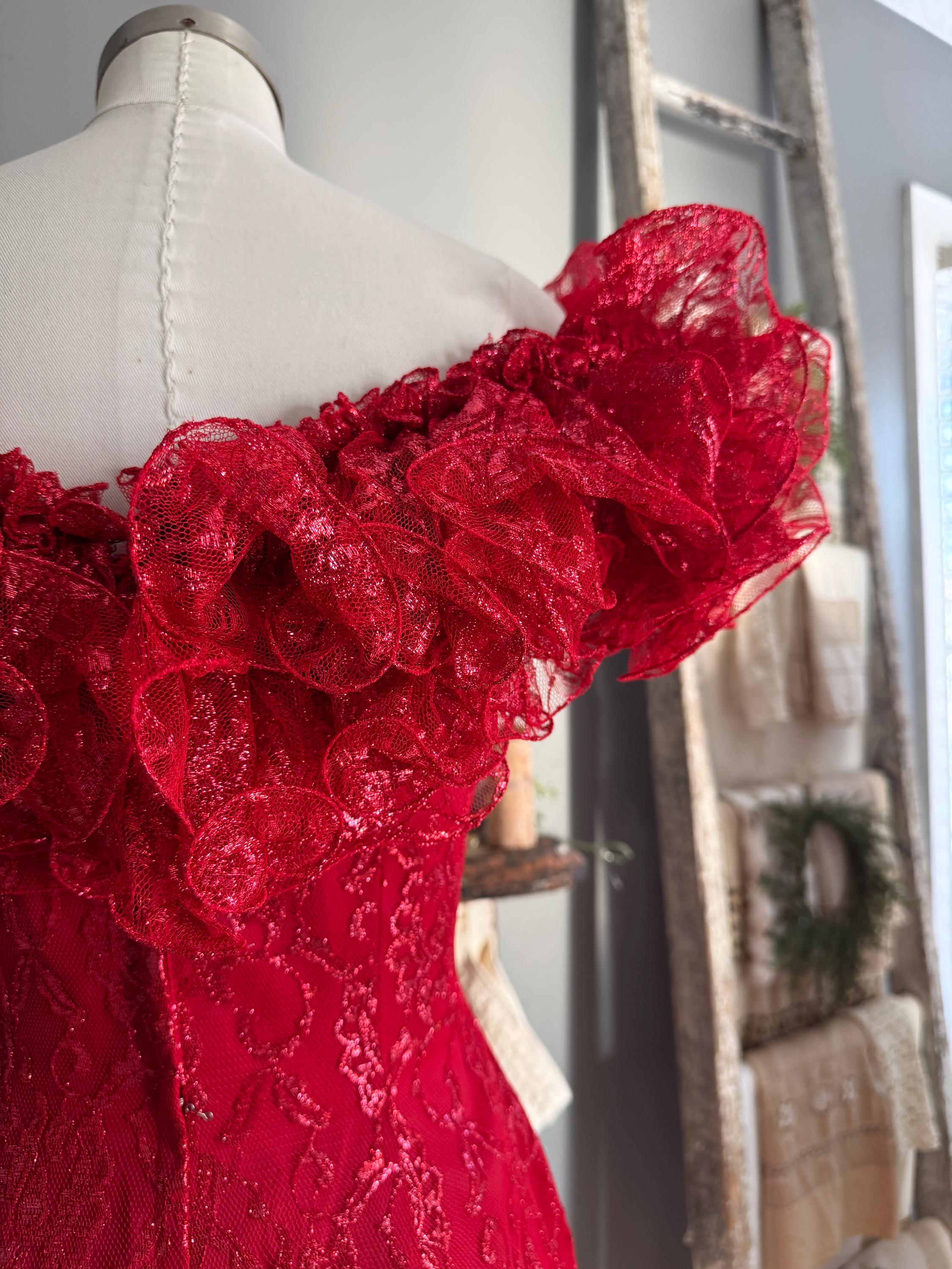 Vintage 80s AMAZING Mike Benet Christmas Metallic Bright Red Lace ...