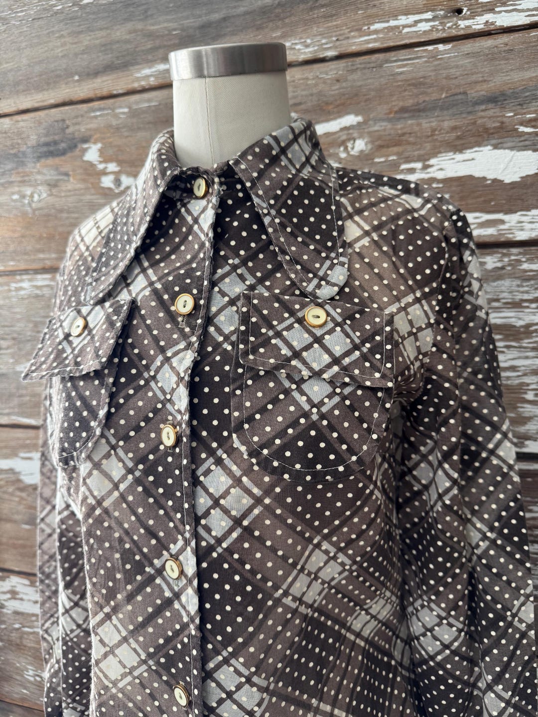Vintage 60s Dark Brown Micro Polka Dot Long Sleeve Blouse With Poofy ...