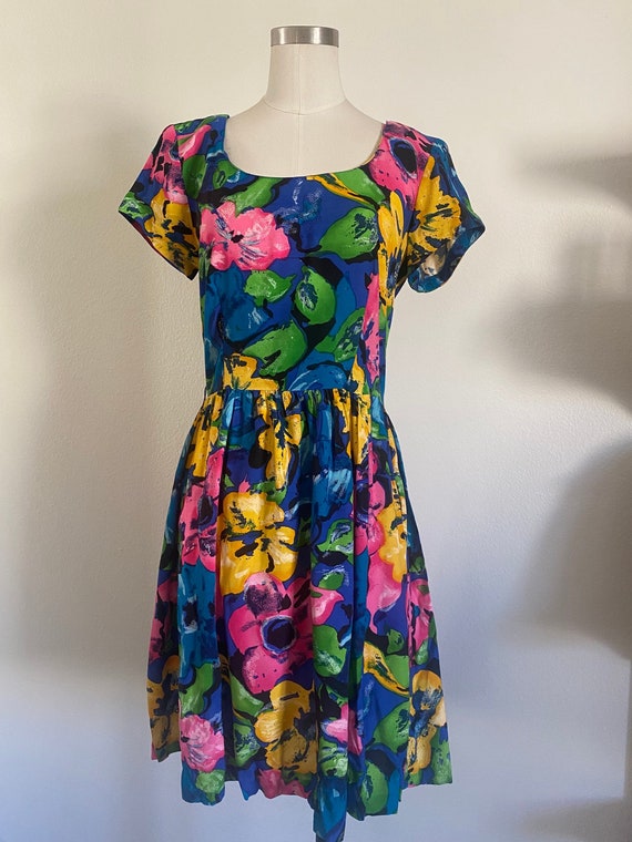 Vintage 80s Mod Baby Doll Bold Floral Maxi Dress with… - Gem