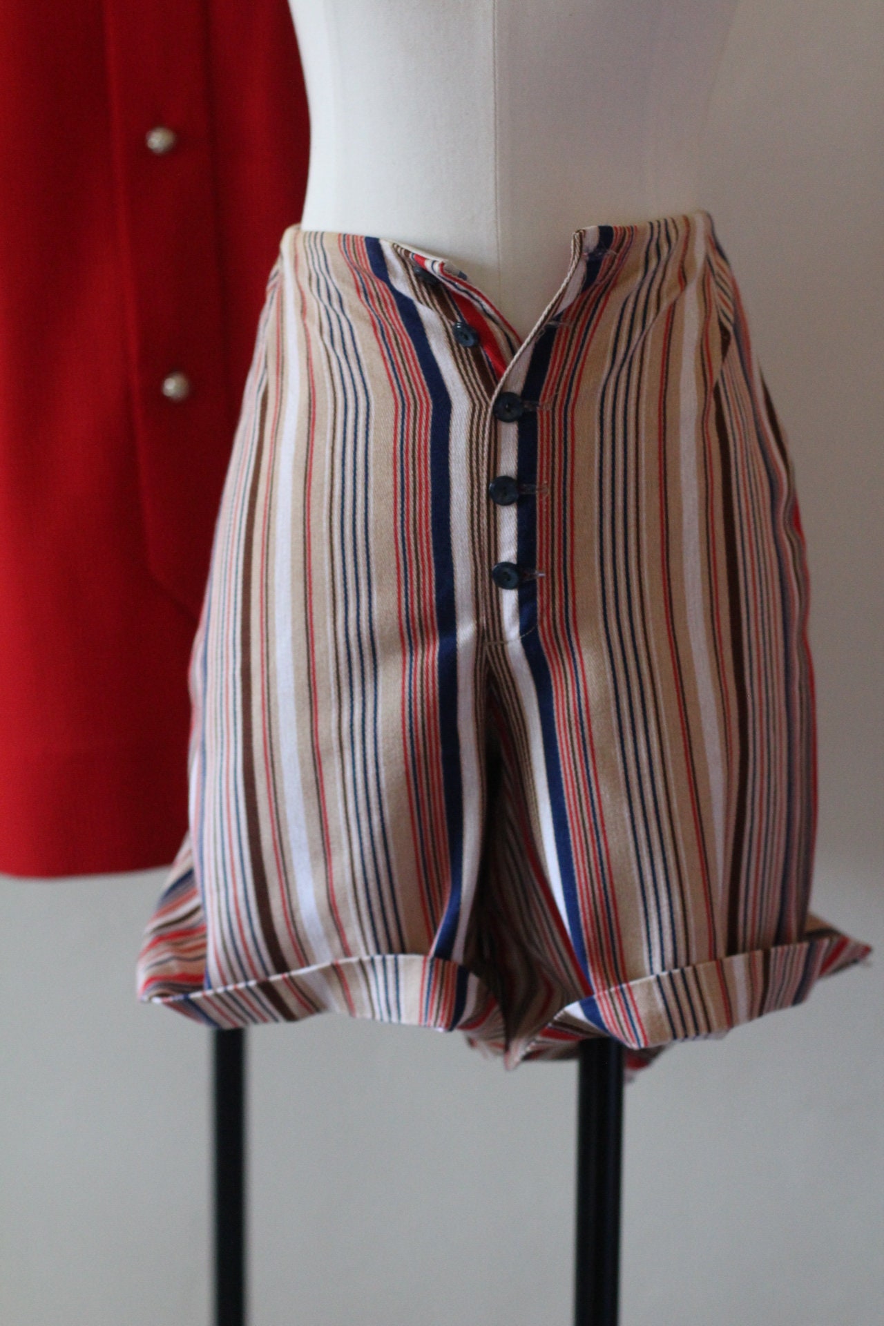 70s Striped Nautical Shorts With Navy Button Detail; Red, Navy, White ...