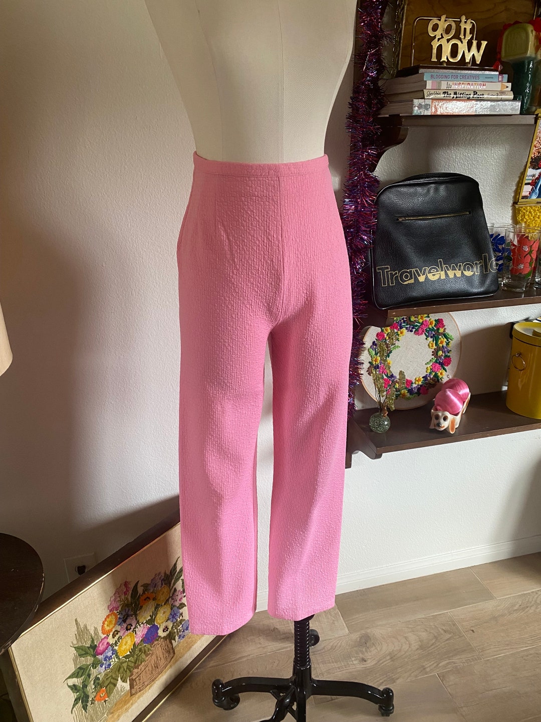 Vintage 60s Bold Mod Hot Pink High Waisted Cigarette Trousers; 70s Bold Embossed Polyester Pants ...