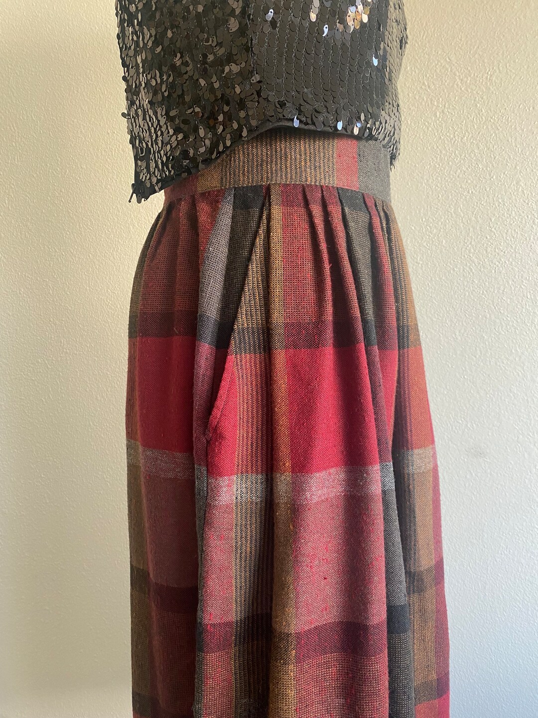 Vintage 70s Tartan/buffalo Check Plaid Midi Skirt Wool Colorblocked ...