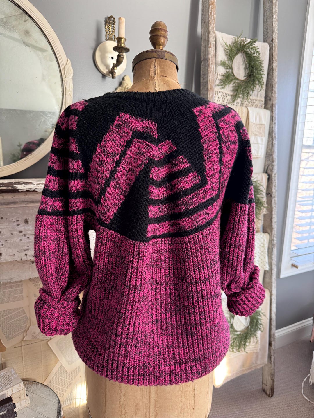 Vintage 80s Oversized Hot Pink Geometric Cable Knit Grunge Sweater; 80s ...