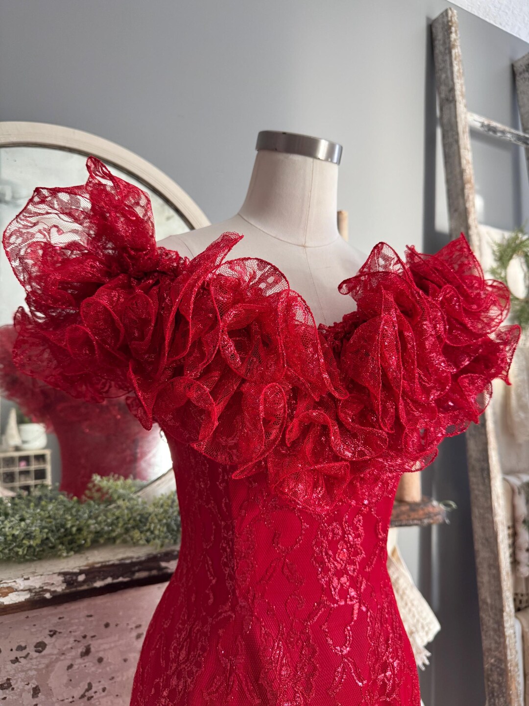 Vintage 80s AMAZING Mike Benet Christmas Metallic Bright Red Lace ...