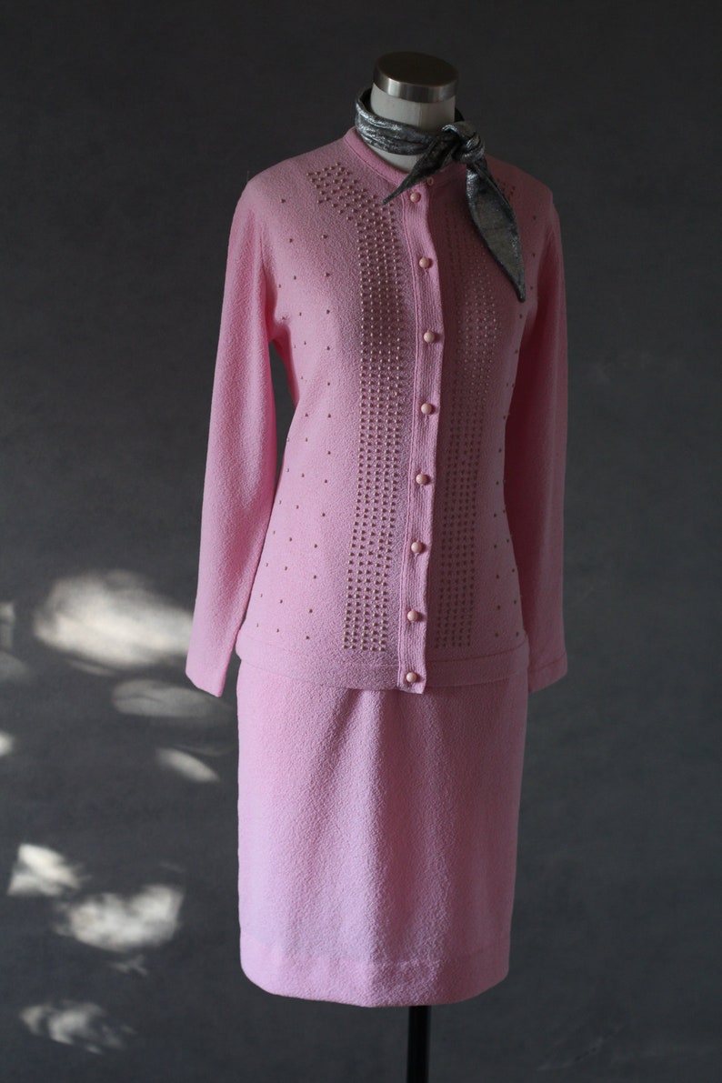 Vintage 60s Mod Bright Pink Matching Set With Pink Polka Dot Beading ...