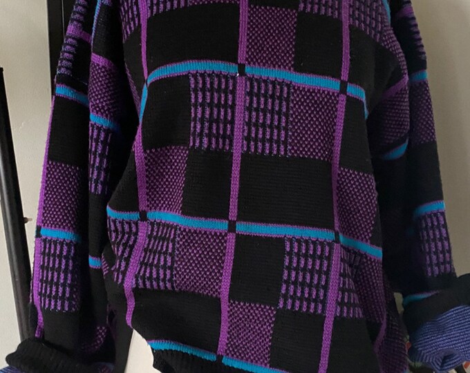 Vintage 80s Oversized Geometric Checkerboard Marled Sweater; 80s Chunky ...
