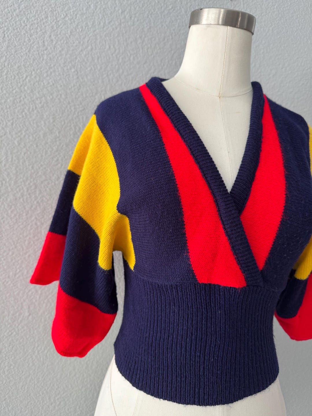 VTG 80s Oversized Cropped Varsity Deco Tunic Sweater Dolman Sleeves ...