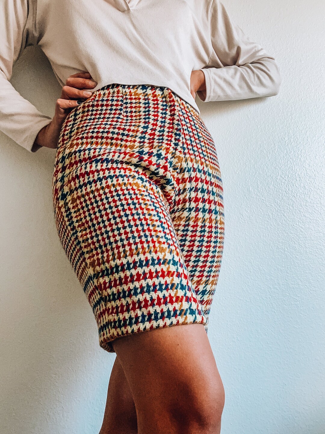 Vintage 50s Holiday Houndstooth Colorful Wool Shorts in Blue, Red, and ...