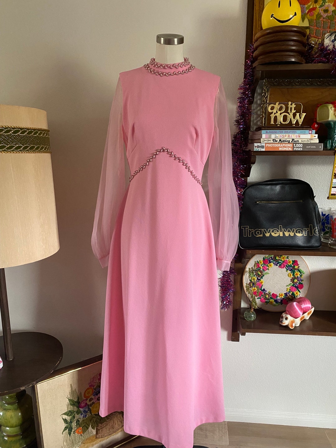 Vintage 60s Mod Bejeweled Light Pink Spring Maxi Dress With Sheer Long ...