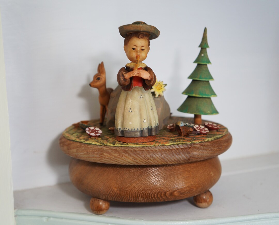 Hand Carved Wood Figurine Box/empty Music Box/little Girl Playing Flute ...