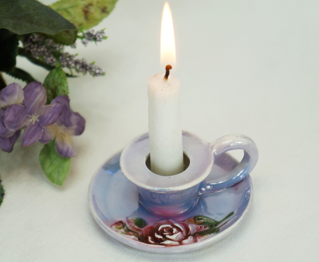 Cute Little Candlestick Holder/rose Design/dark Lavender/lusterware ...