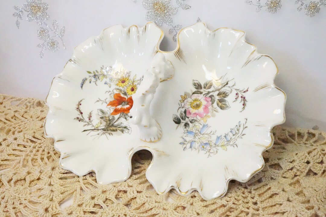 Vintage Double Sided Candy Dish/floral Candy Dish/roses/shell Shaped ...