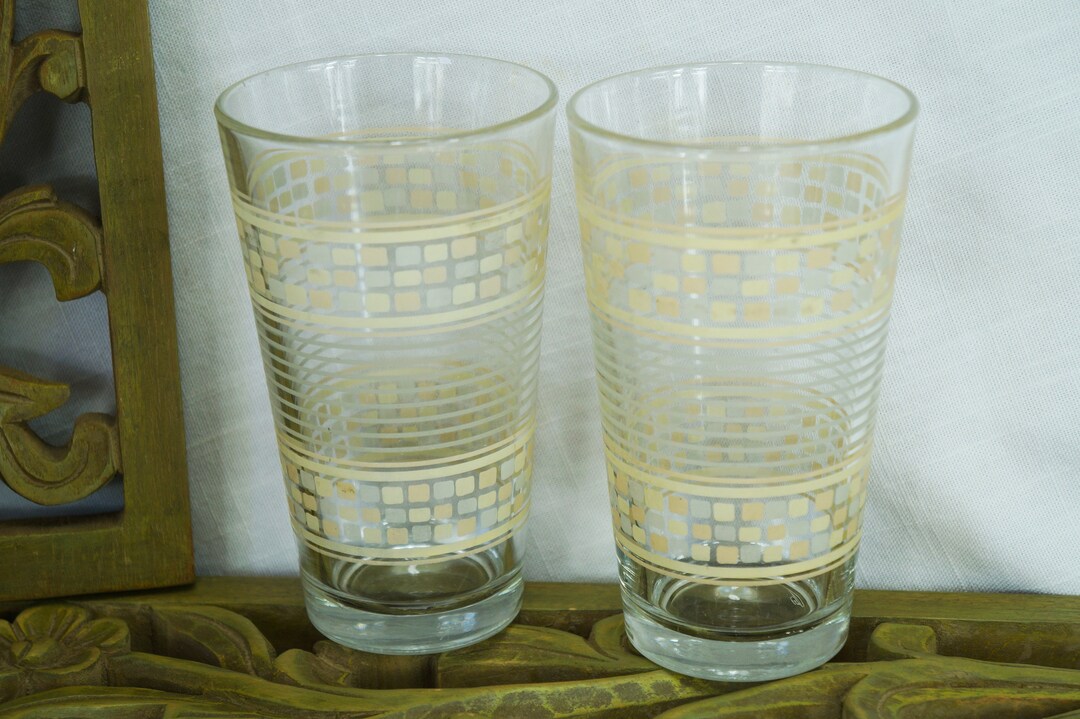 Retro Checked and Striped Glass Tumblers/16 Oz Glasses/heavy Glass/set ...