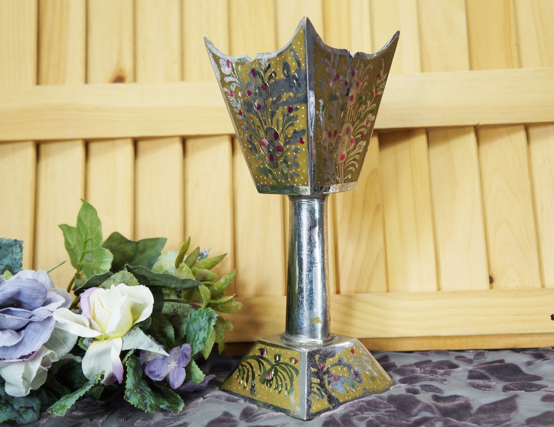 Square Pedestal Metal Cup/altar Decor/kiddush Cup/etched Flowers/middle ...