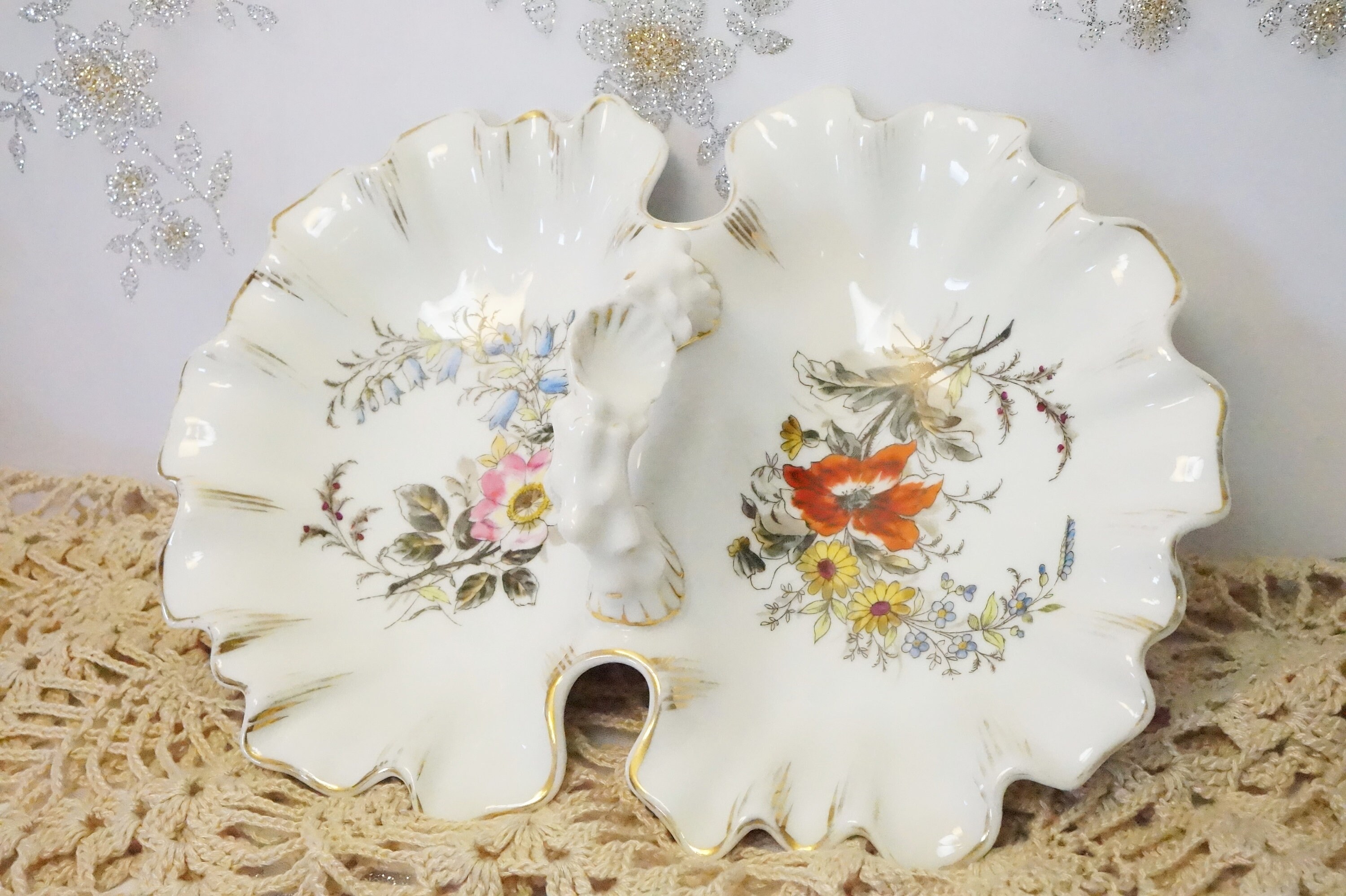 Vintage Double Sided Candy Dish/floral Candy Dish/roses/shell Shaped ...
